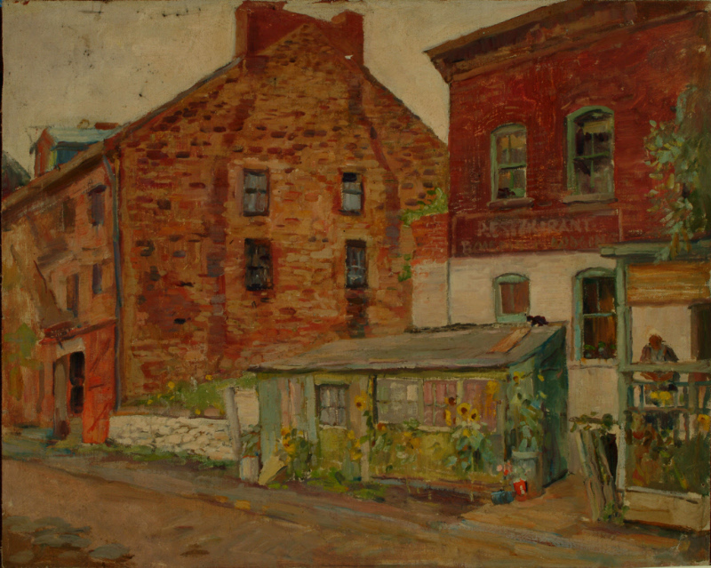 Street scene with brick buildings and small frame house – Works ...